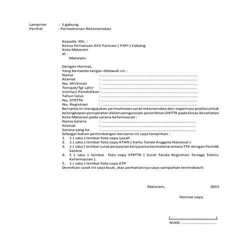 Form permohonan rekomendasi untuk sikttk | DOCX