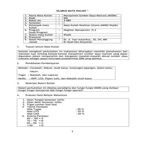 Form silabus mata kuliah msdm dr yani | PDF