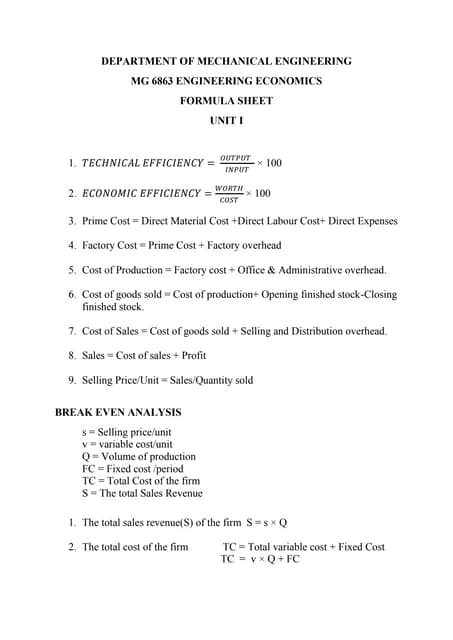 Engineering economics formula sheet | PDF