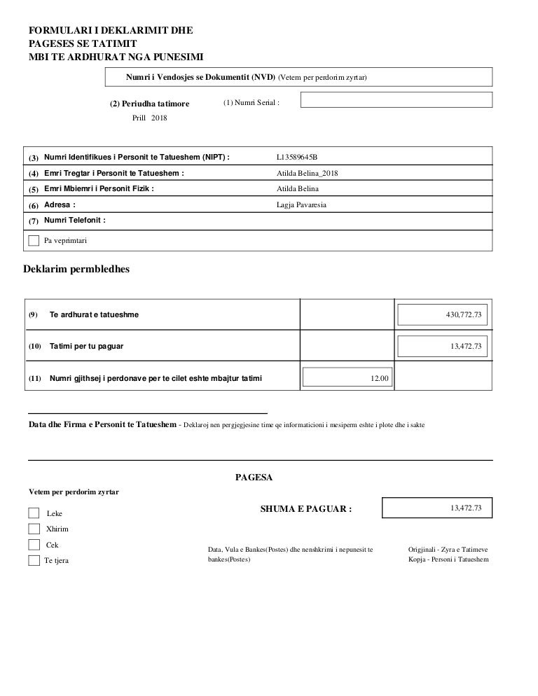 Formulari i deklarimit dhe pageses se tatimit