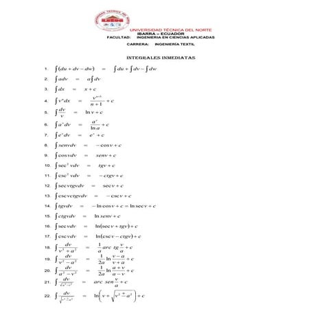 Formulas de integrales inmediatas | PDF