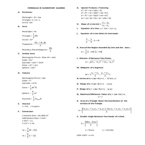 Formulas in elementary algebra | DOC