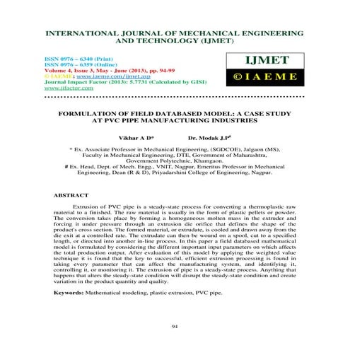 Formulation of field databased model a case study at pvc pipe manu | PDF
