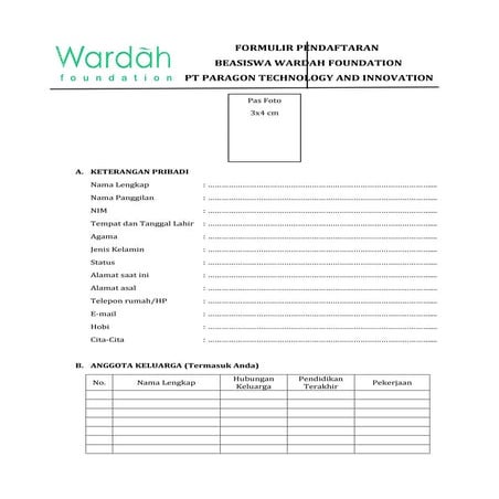 Formulir beasiswa-wardah-foundation | DOC