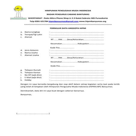 Formulir data anggota Hipmi Banyumas | PDF