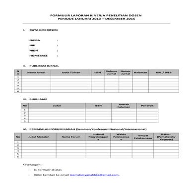 Formulir laporan kinerja penelitian dosen | DOC