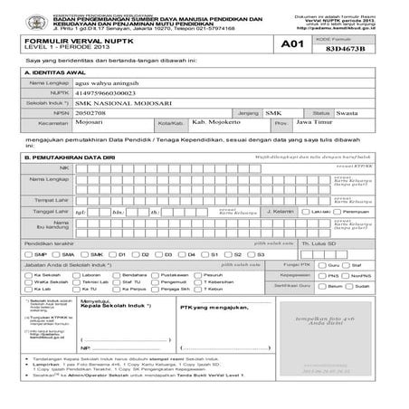Formulir nuptk a01_6 | PDF