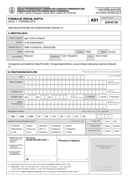 Formulir nuptk a01_6 | PDF
