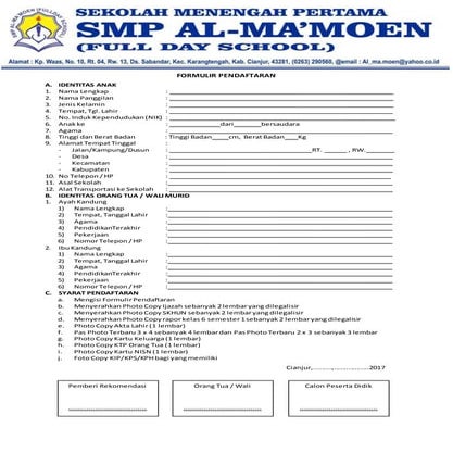 Formulir pendaftaran smp al ma'moen | PDF