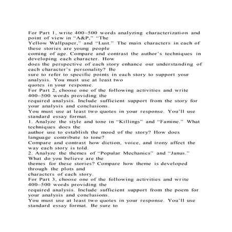 For Part 1, write 400–500 words analyzing characterization and poi | DOCX