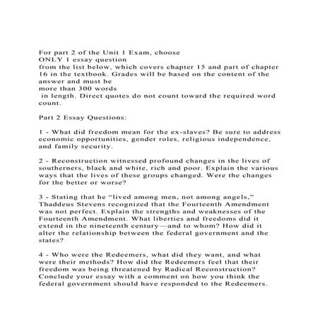 For part 2 of the Unit 1 Exam, choose ONLY 1 essay question .docx ...