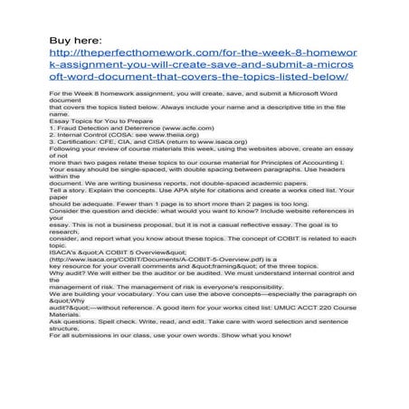 FOR THE WEEK 8 HOMEWORK ASSIGNMENT, YOU WILL CREATE, SAVE, AND SUBMIT A ...