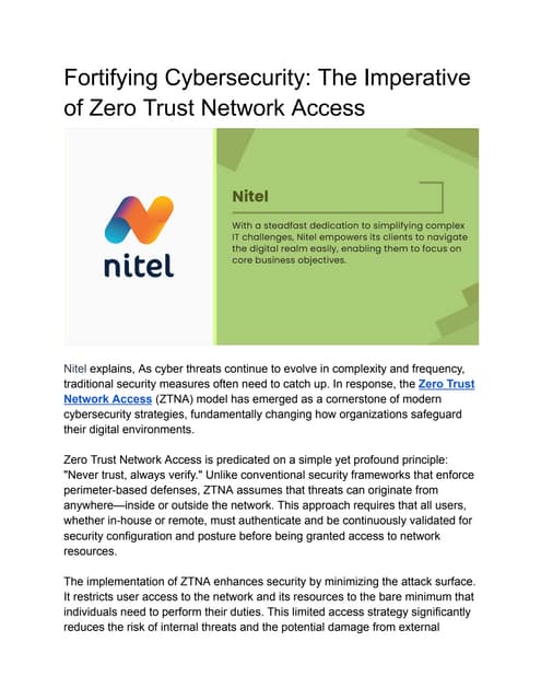 Nitel Usa Enhancing Data Security With Zero Trust Network Access Pdf