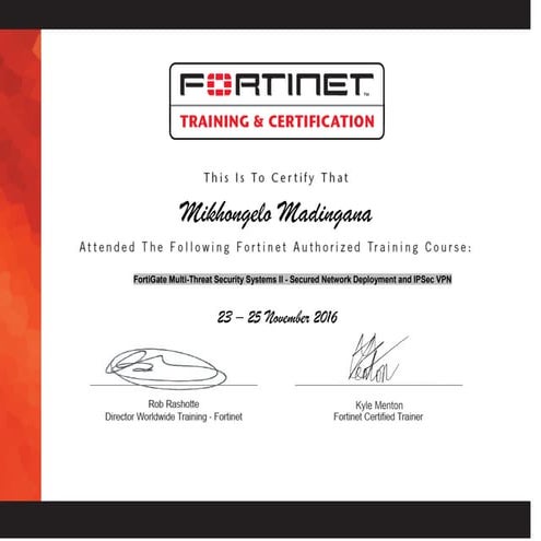 Fortinet NSE 4 fortigate ii certificate attendance cert 2 - nov 2016 ...