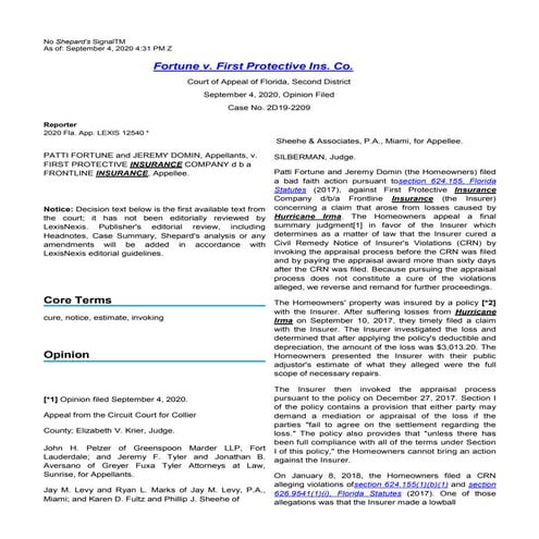 Fortune v. first protective ins. co. 2020 fla. app. le | PDF