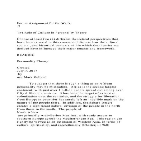 Forum Assignment for the Week7The Role of Culture in Pers.docx