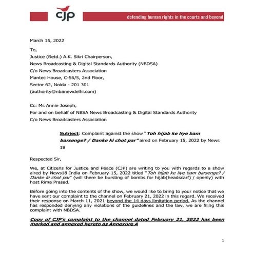 For website 220315 cjp complaint nbdsa news 18 hijab news | PDF