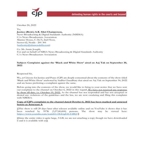 For website 221020 - CJP complaint to NBDSA against Aaj Tak Garba Show.pdf | Hinduism | Religion ...