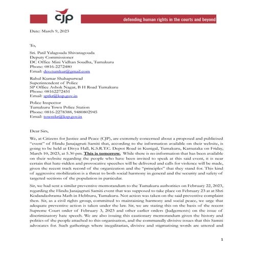 For Website 230309 - CJP Preemptive Complaint- Tumakuru HJS March 10.pdf