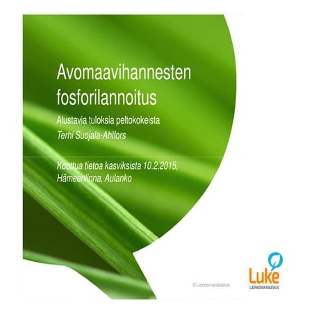 Avomaavihannesten fosforilannoitus, Terhi Suojala-Ahlfors, Luke | PDF