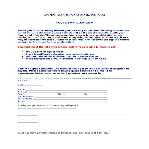 Foster Application Aan | DOC