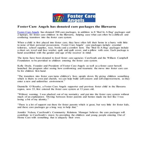 Foster care angels has donated care packages the illawarra | PDF