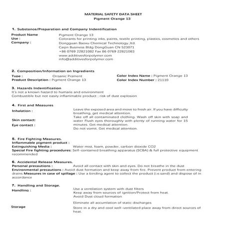 Pigment orange 13 orange g cas 3520 72-7 material safety data sheet ...