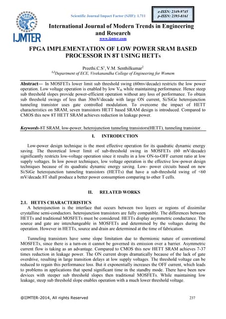 Fpga Implementation Of Low Power Sram Based Processor In 8t Using Hetts