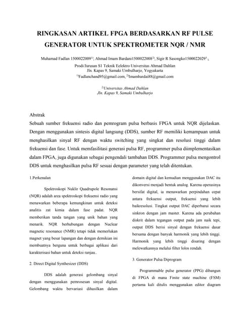 Fpga berdasarkan rf pulse generator untuk spektrometer nqr | PDF