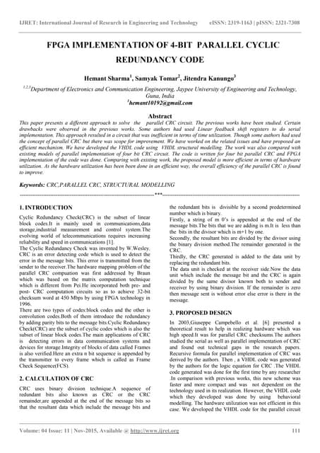 Fpga Implementation Of 4 Bit Parallel Cyclic Redundancy Code Pdf