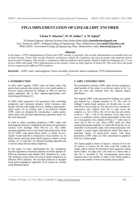 Fpga Implementation Of Linear Ldpc Encoder Pdf