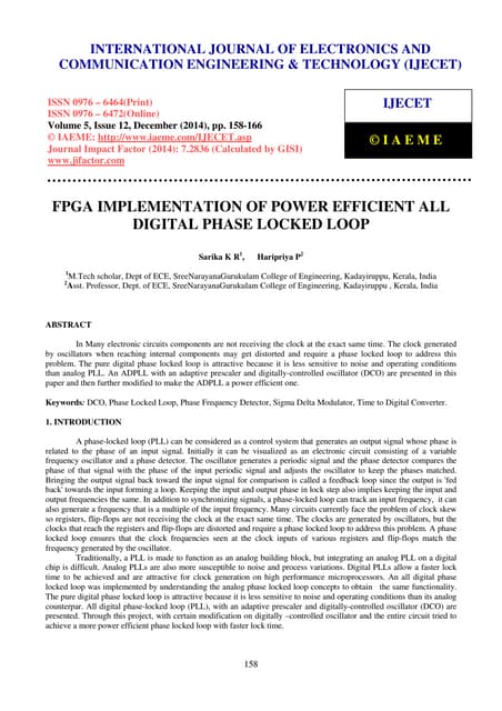 Fpga Implementation Of Power Efficient All Digital Phase Locked Loop Pdf
