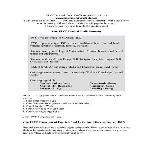 Fpyc Personal Career Profile For Moinul Huq | DOC