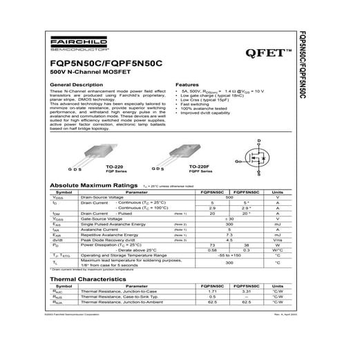 Original N-Channel Mosfet FQPF5N50C 5N50C 500V 3A TO-220F New Fairchild | PDF