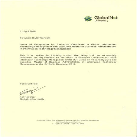 Letter of Verification for U21Global and IGNOU Executive MBA degree | PDF