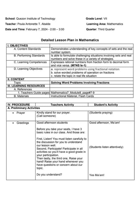 Lesson plan-advanced algebra Grade 7 | PDF