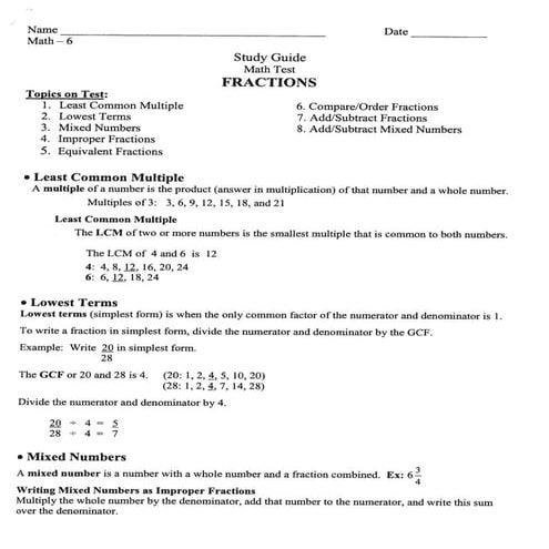 Fraction study guide 2011 adding and subtraction | PDF