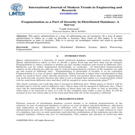 Fragmentation As A Part Of Security In Distributed Database A Survey Pdf