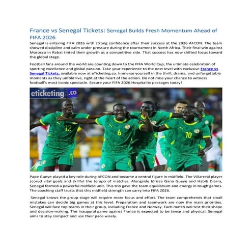 France vs Senegal Tickets Senegal Builds Fresh Momentum Ahead of FIFA ...