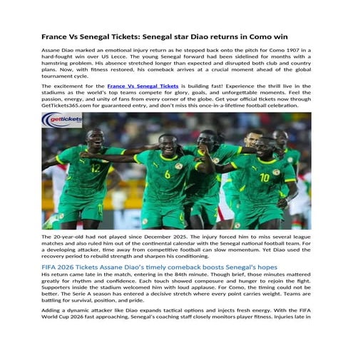 France Vs Senegal Tickets Senegal star Diao returns in Como win.docx