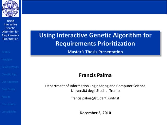 Using Interactive Genetic Algorithm For Requirements Prioritization Ppt