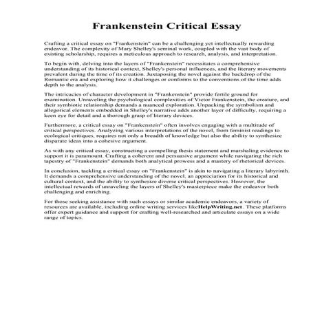 Frankenstein Critical Essay | PDF | Books and Literature
