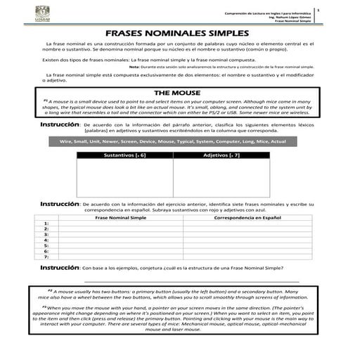 Hoja De Trabajo De Frases Nominales 3. La Frase Nominal– The Noun