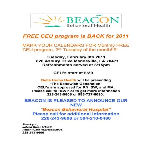 Free Ceu Program Is Back For 2011 Feb Notice | DOC | Healthcare ...