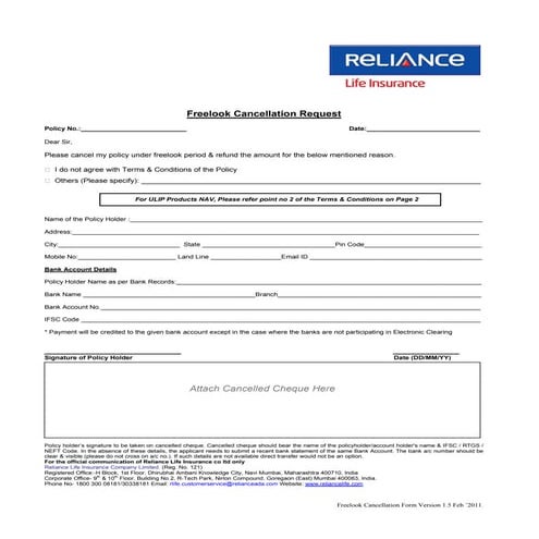 Freelook cancellation form | PDF