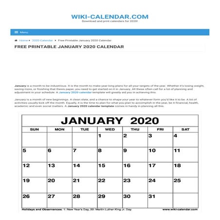 Free Printable January 2020 Calendar - Wiki Calendar Com | PDF