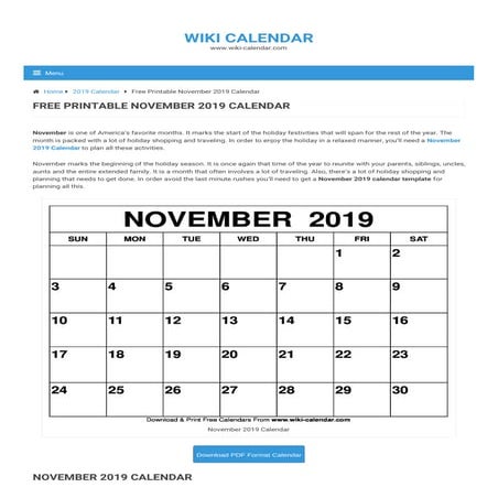 Free Printable November 2019 Calendar - Wiki Calendar | PDF