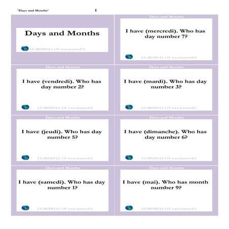 "Days and Months" French - English cards | PDF