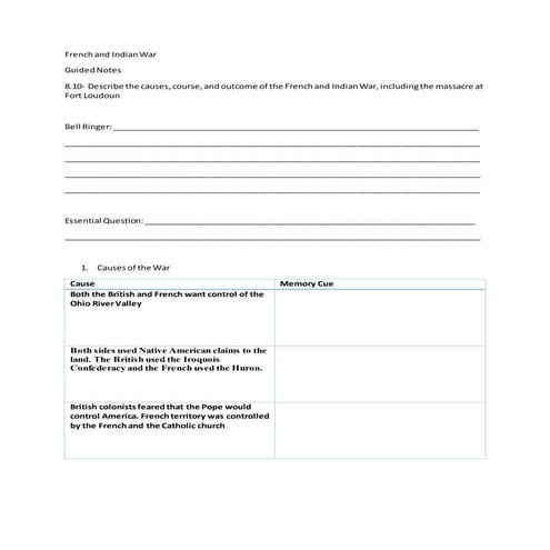 French and Indian War guided notes | DOCX | Death, Injury, or Military ...