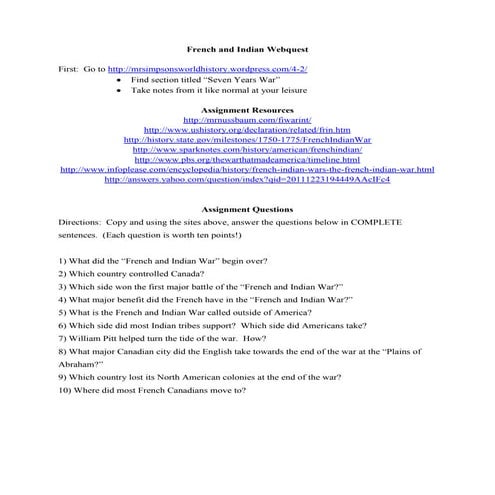 French and indian webquest | DOCX